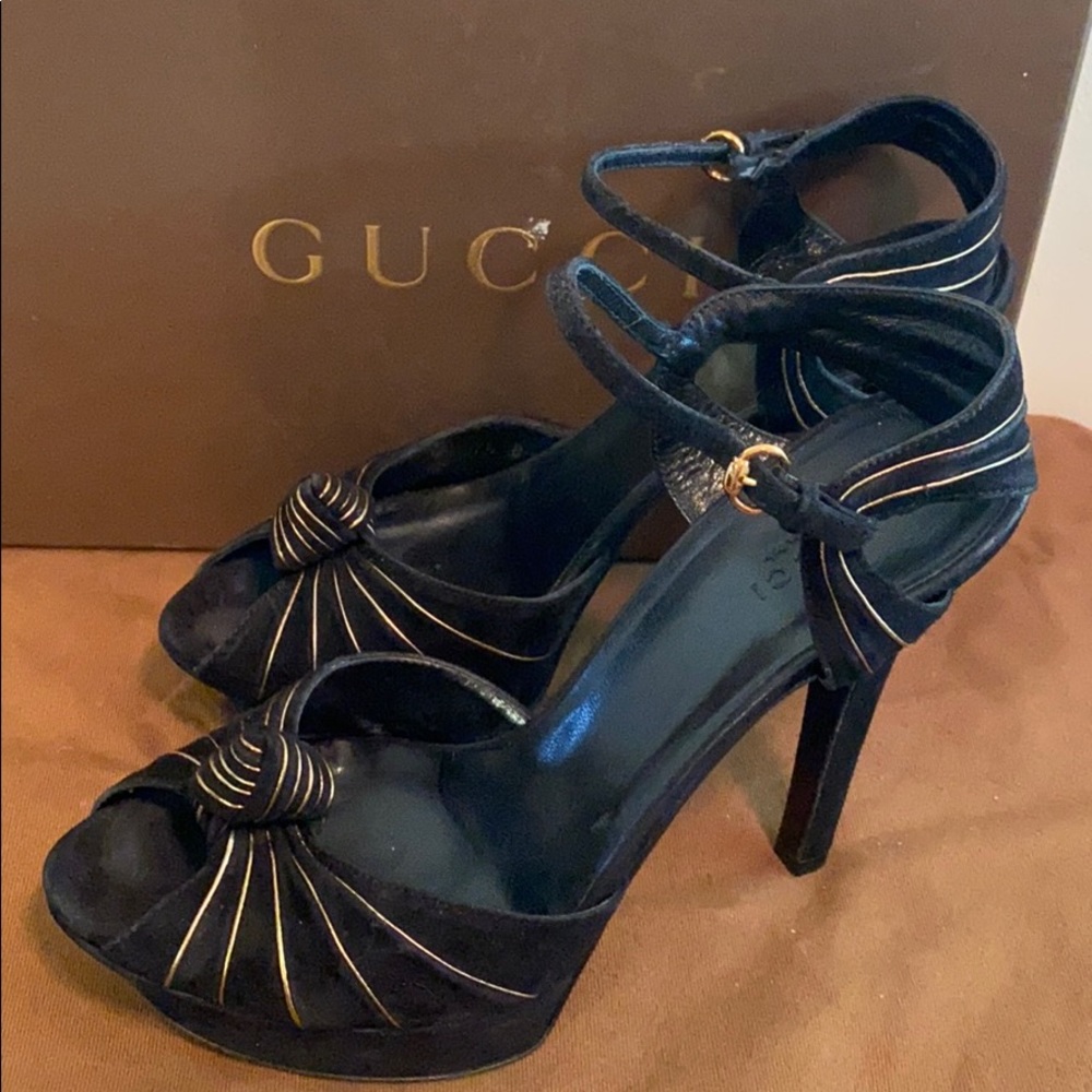 Gucci Platform Heels Black Suede & Gold Size 7.5 - Gem